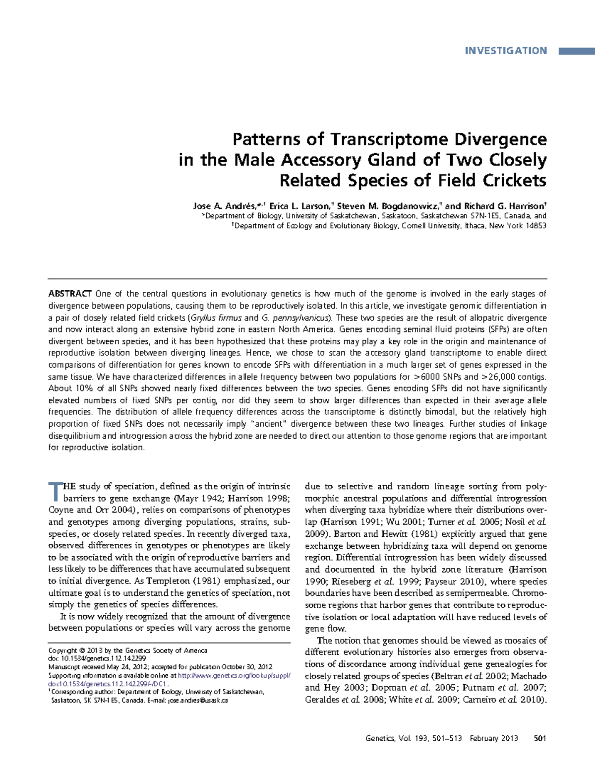 Genetics Field Cricket - INVESTIGATION Patterns of Transcriptome ...