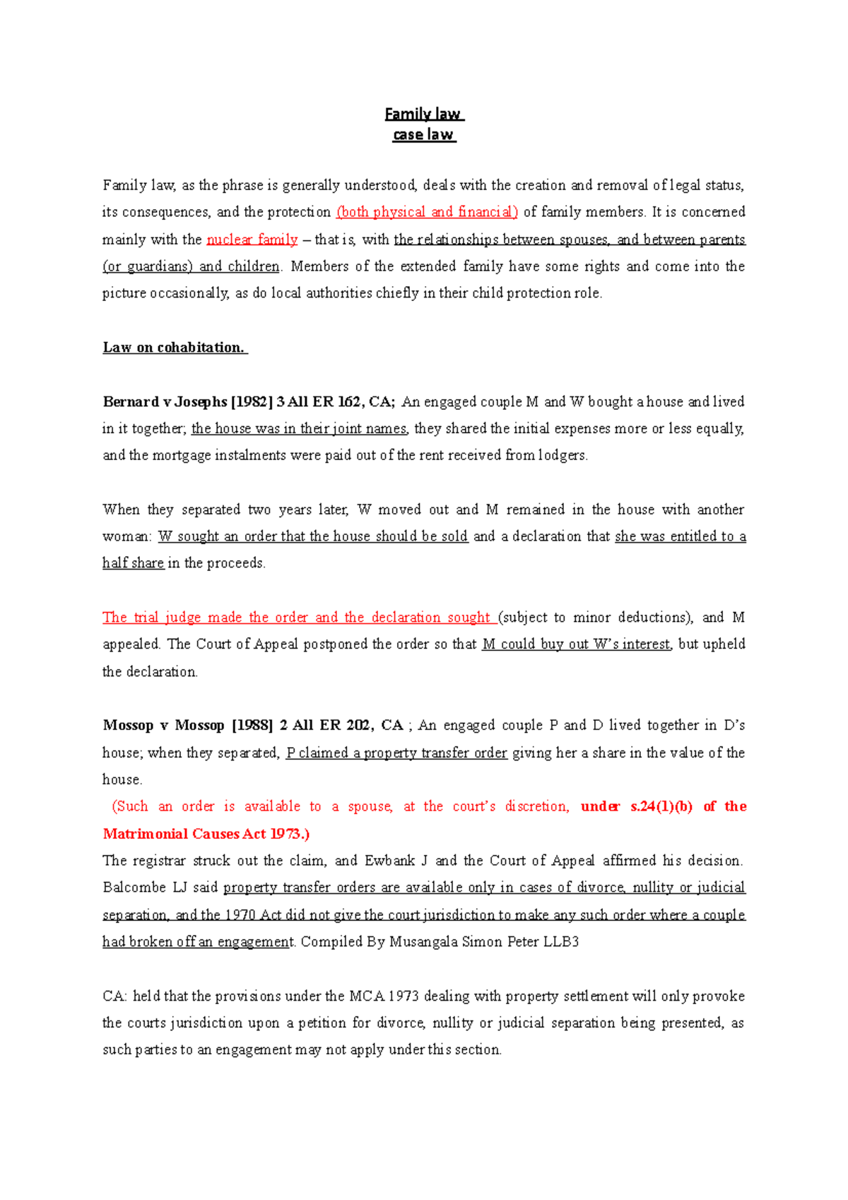 Family law - study notes - Family law case law Family law, as the ...