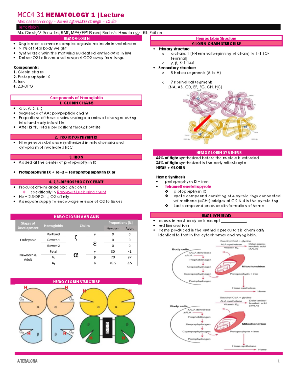 Hemoglobin l lecture - MCC4 31 HEMATOLOGY 1 |Lecture Medical Technology ...