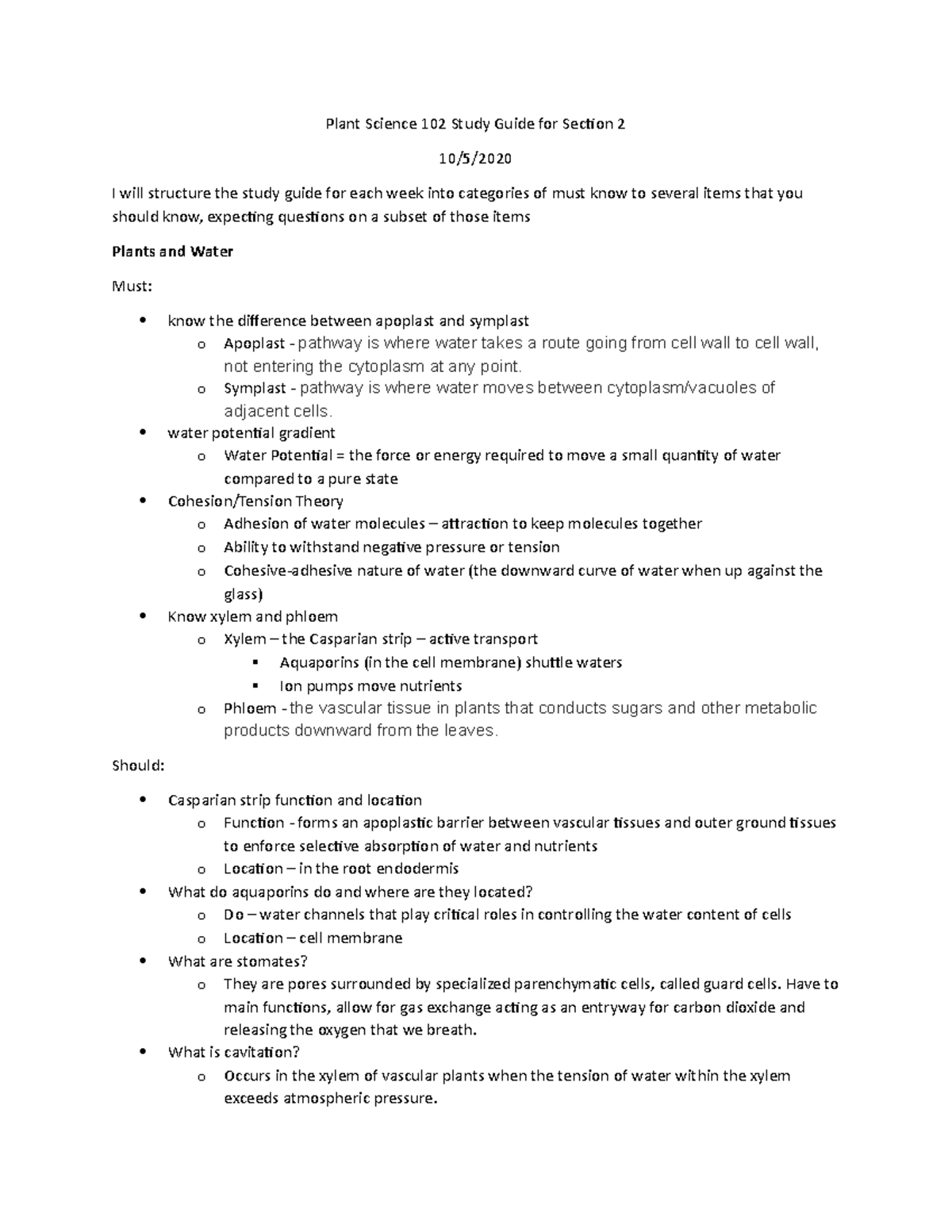 Plant Science 102 Study Guide for Section 2 - Plant Science 102 Study ...