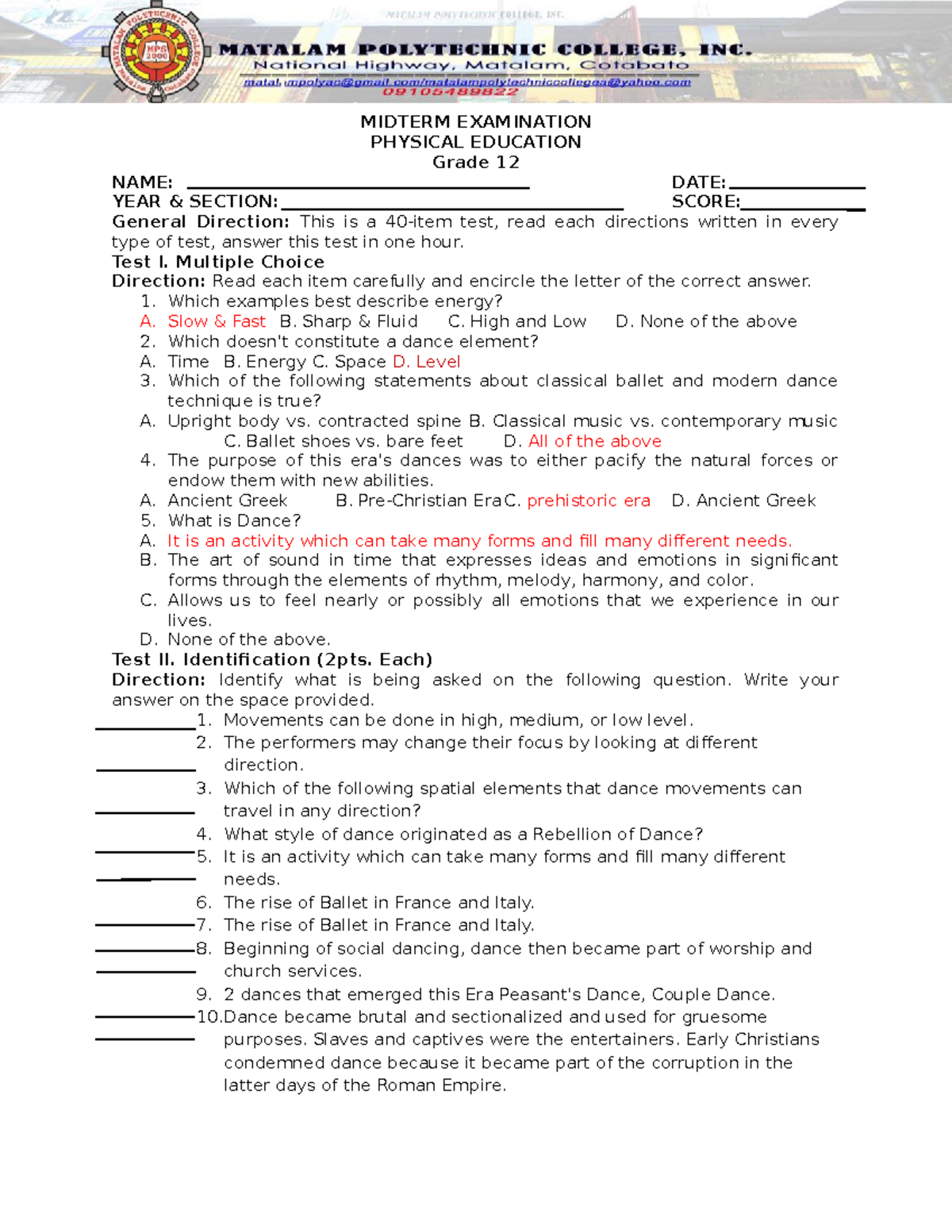 Quarterly exam grade 12 - MIDTERM EXAMINATION PHYSICAL EDUCATION Grade ...