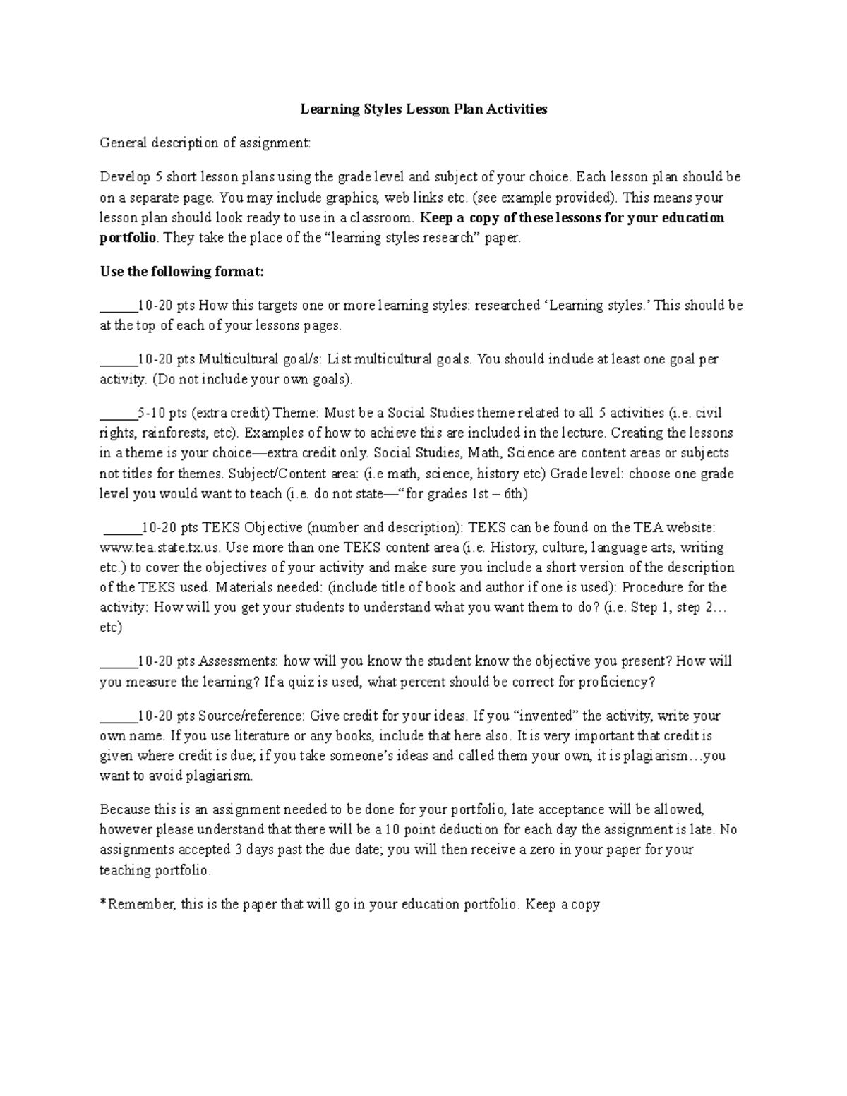 Learning Styles Lesson Plan Activities 1 Learning Styles Lesson Plan