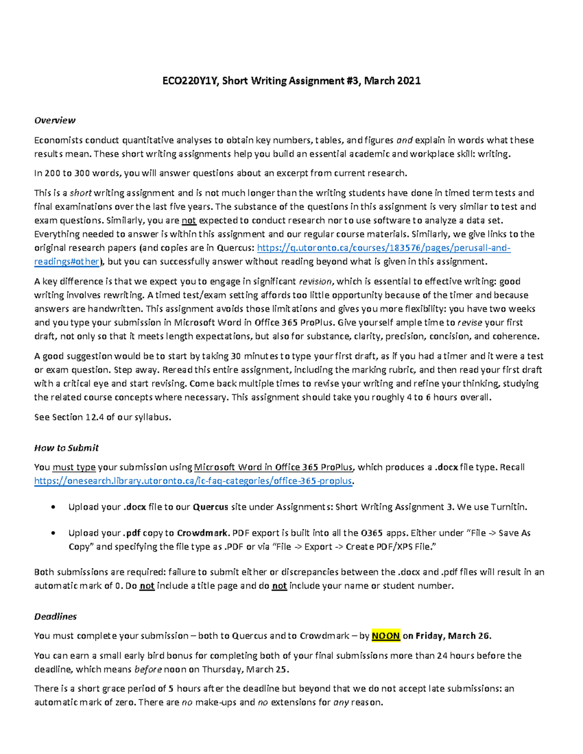 SWA220 3 MAR21 - Assignment 3 Guidelines - ECO220Y1Y, Short Writing ...