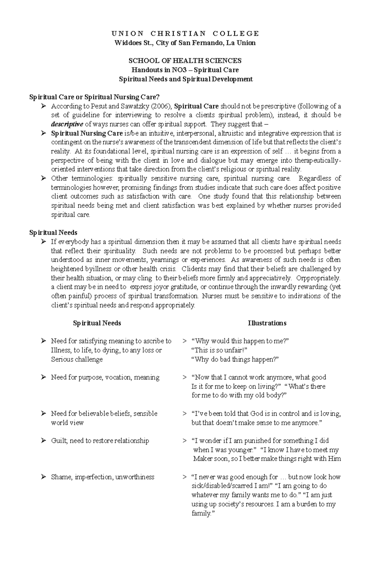 NO3 Spiritual Care Lecture Handout on Spiritual Needs and Spiritual ...