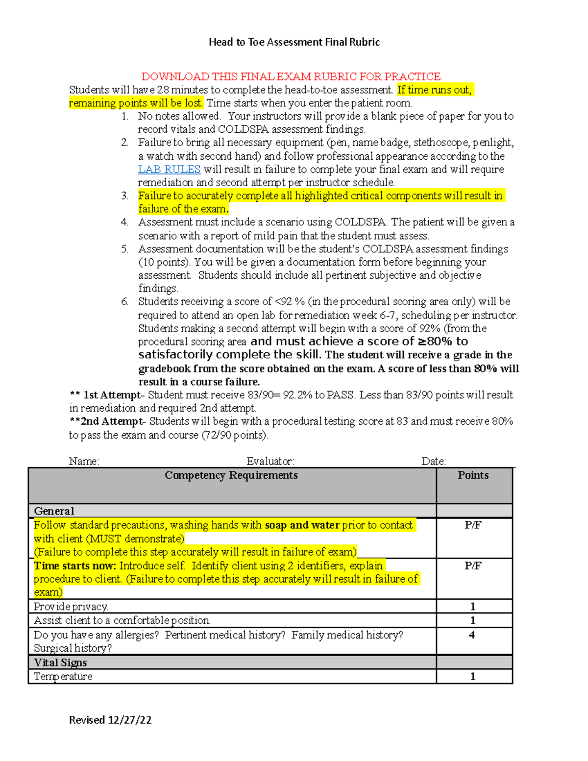 Head to Toe Assessment Spring 2023 - DOWNLOAD THIS FINAL EXAM RUBRIC ...