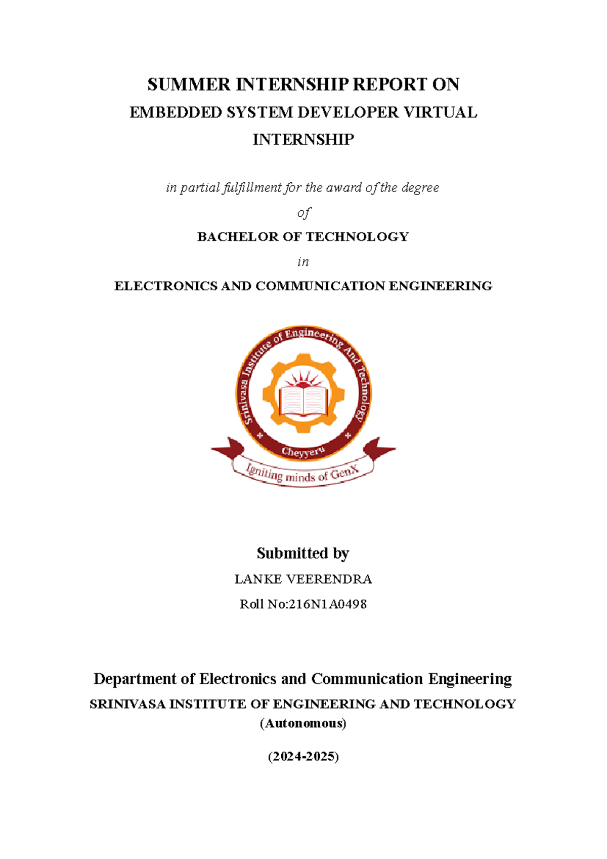 Veerendra - Summer internship - SUMMER INTERNSHIP REPORT ON EMBEDDED SYSTEM DEVELOPER VIRTUAL ...