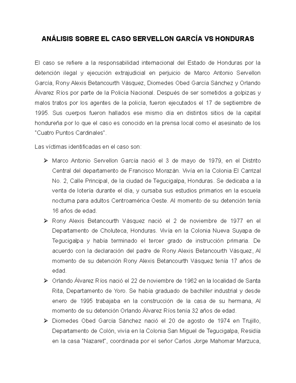 Análisis Sobre EL CASO Servellon García VS Honduras - ANÁLISIS SOBRE EL ...