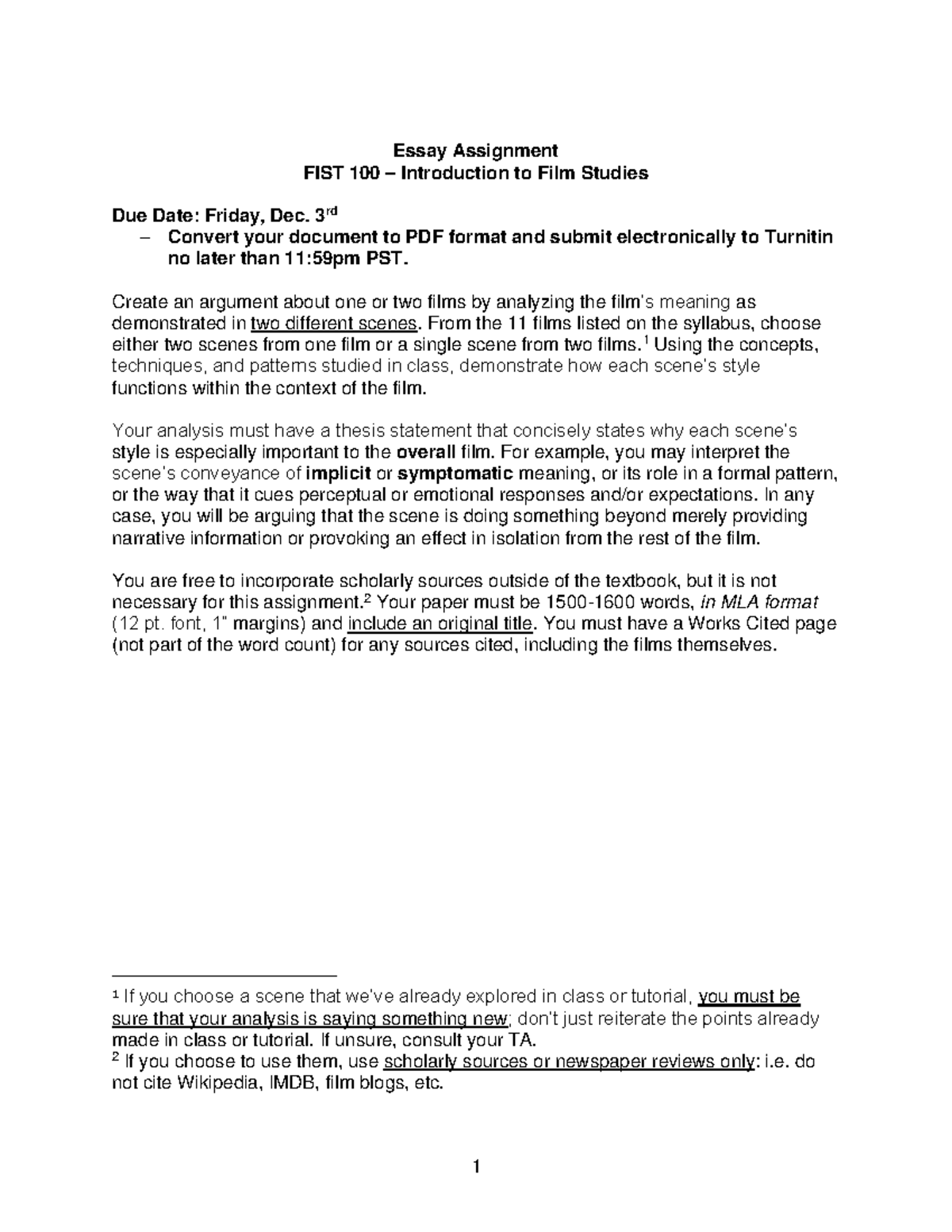 FIST 100 essay assignment - 1 Essay Assignment FIST 100 – Introduction ...