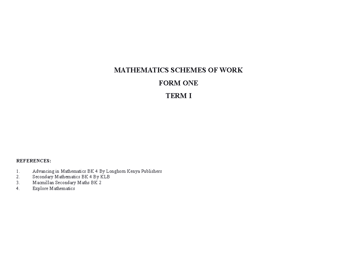 Math Scheme Form 1 NEW - Good - MATHEMATICS SCHEMES OF WORK FORM ONE ...