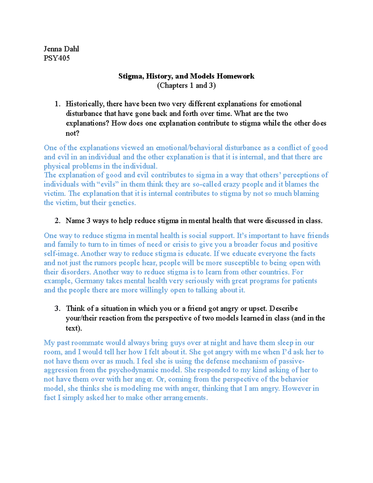 Stigma, History, and Models - Jenna Dahl PSY405 Stigma, History, and ...