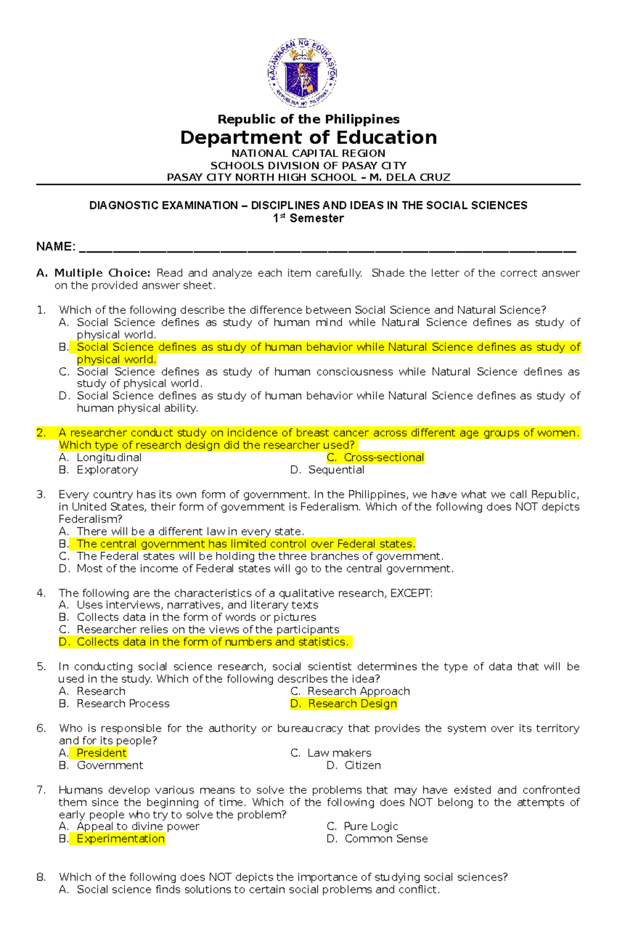 DISS- Diagnostic-TEST - Republic of the Philippines Department of ...