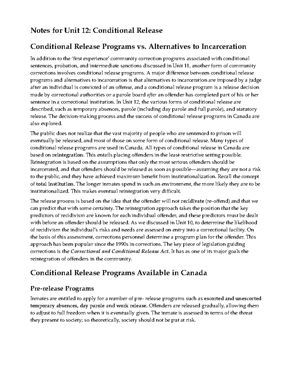 Unit 12 Notes - Notes for Unit 12: Conditional Release Conditional ...
