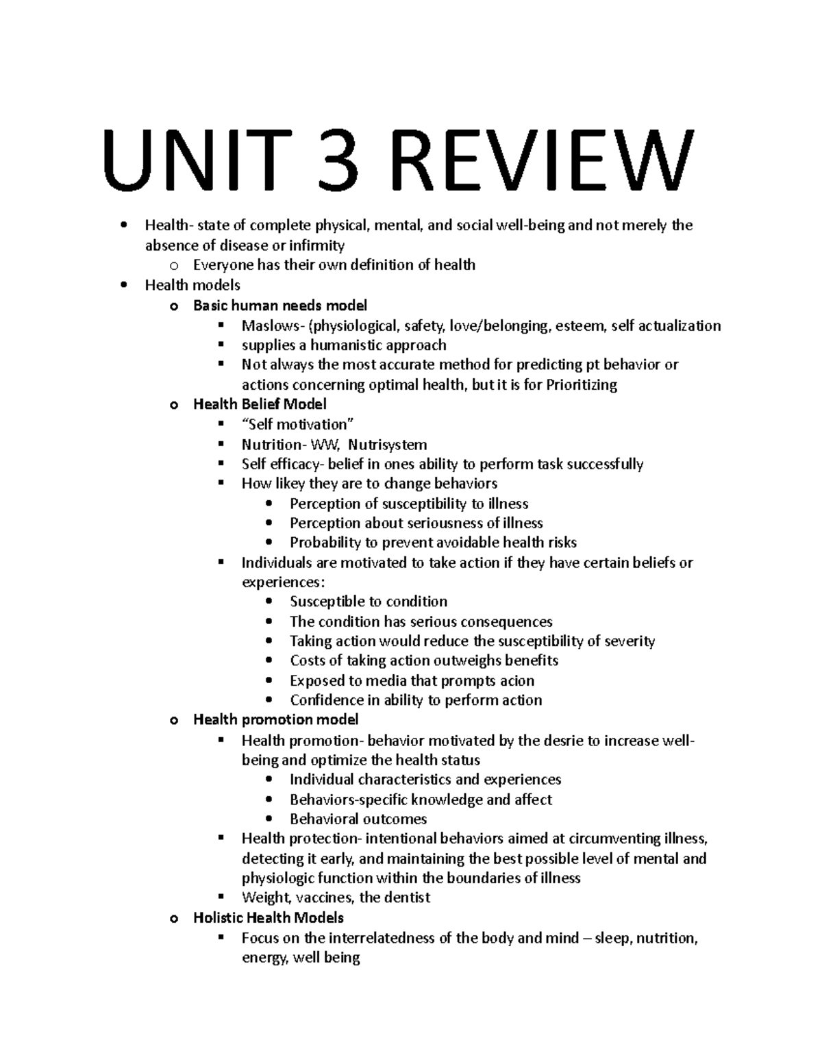 UNIT 3 Review - UNIT 3 REVIEW Health- state of complete physical ...