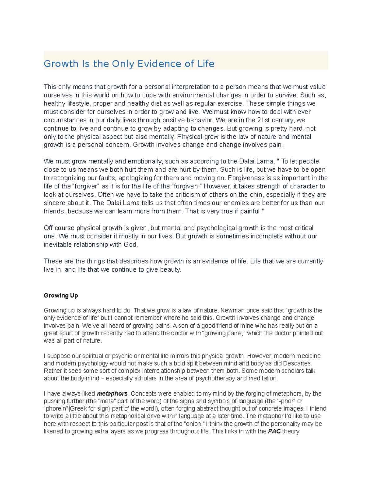 Growth Is the Only Evidence of Life - Such as, healthy lifestyle ...