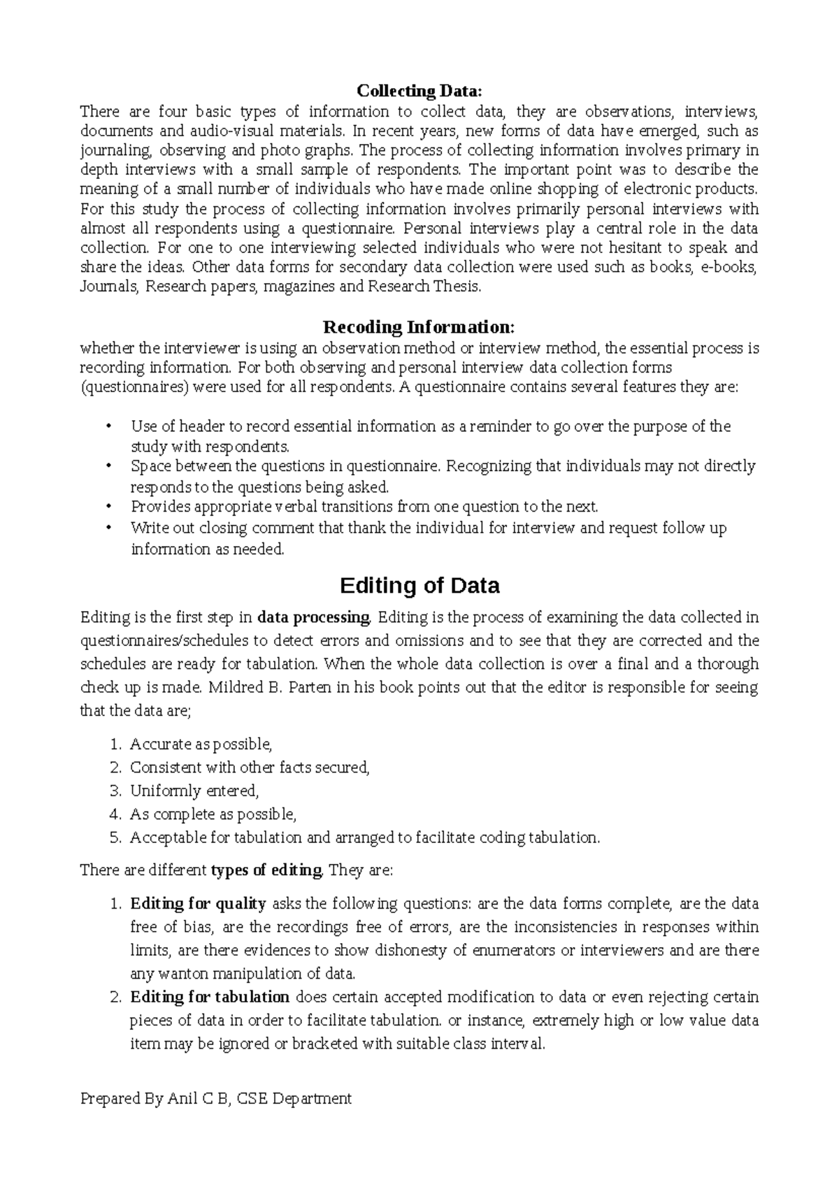 Rm last - collection and editing of data - Collecting Data: There are ...