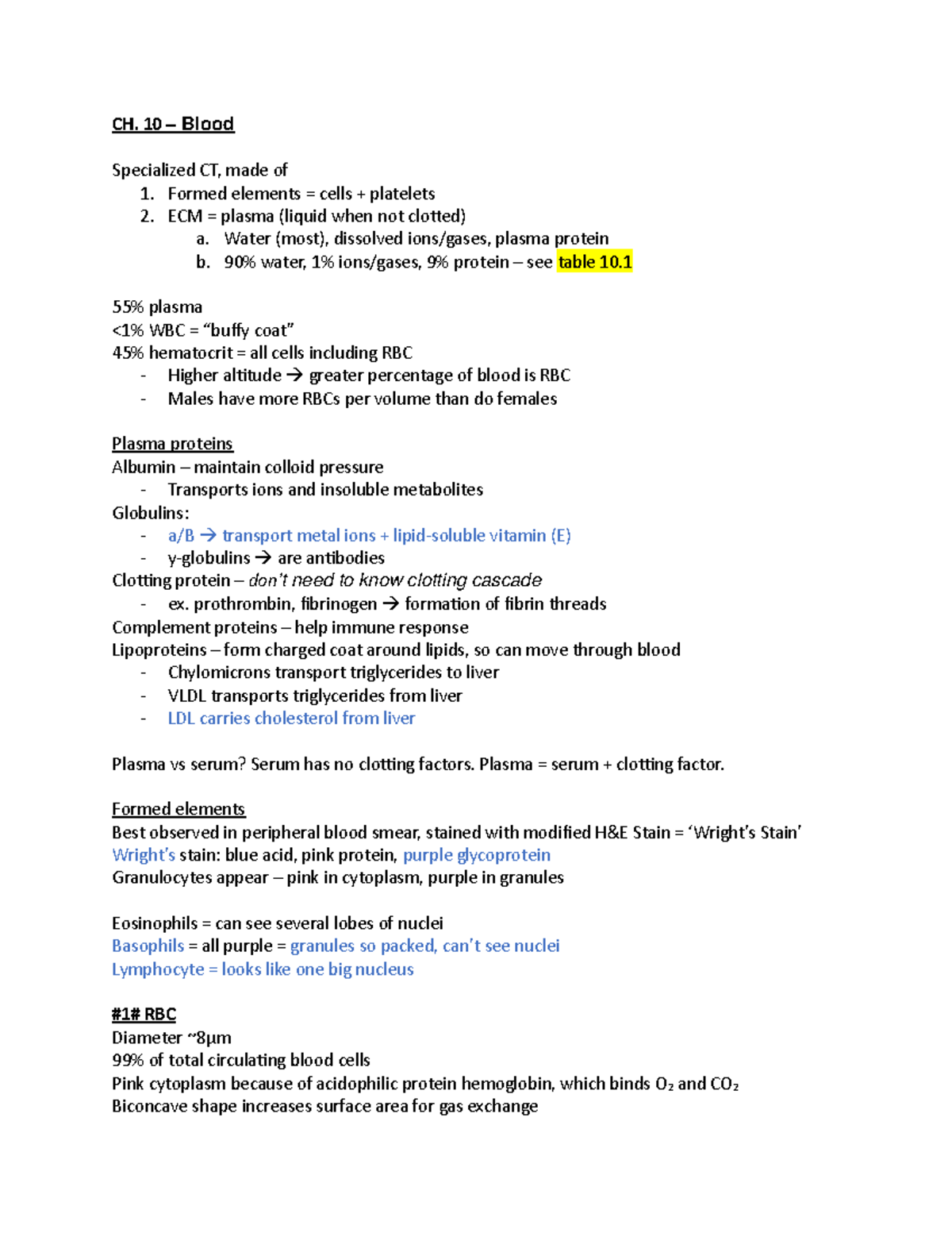 Ch10 notes - Blood - CH. 10 Blood Specialized CT, made of 1. Formed ...