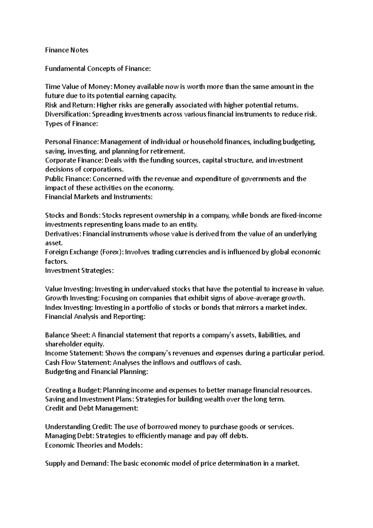 Finance Notes - Finance Notes Fundamental Concepts of Finance: Time ...