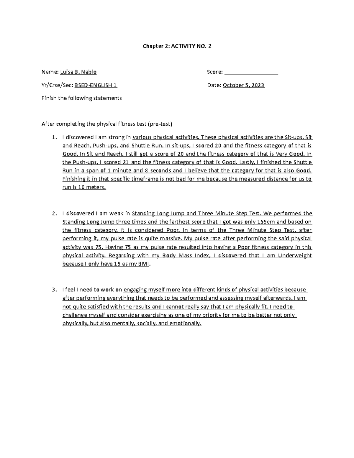 Luisa B. Nablo - None - Chapter 2: ACTIVITY NO. 2 Name: Luisa B. Nablo ...