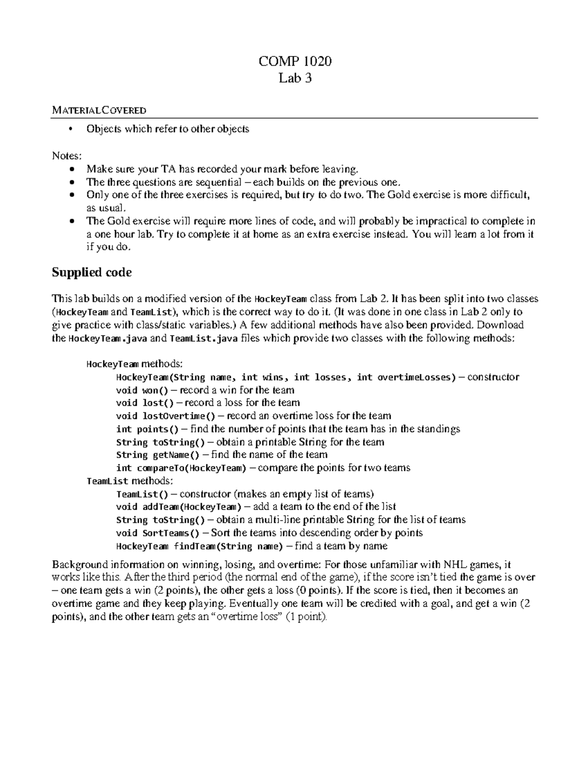 Introductory Computer Science 2 Lab 3 - COMP 1020 Lab 3 MATERIAL ...