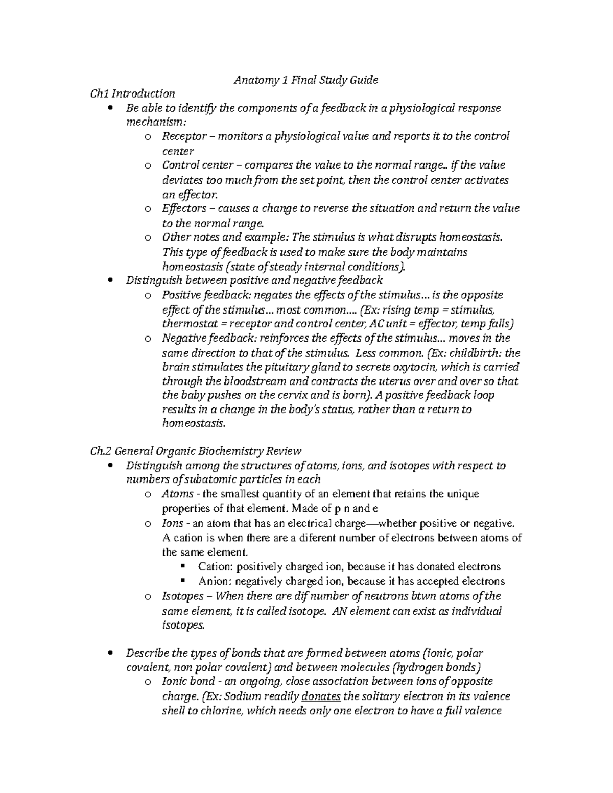 Anatomy 1 Final study guide - Anatomy 1 Final Study Guide Ch1 ...