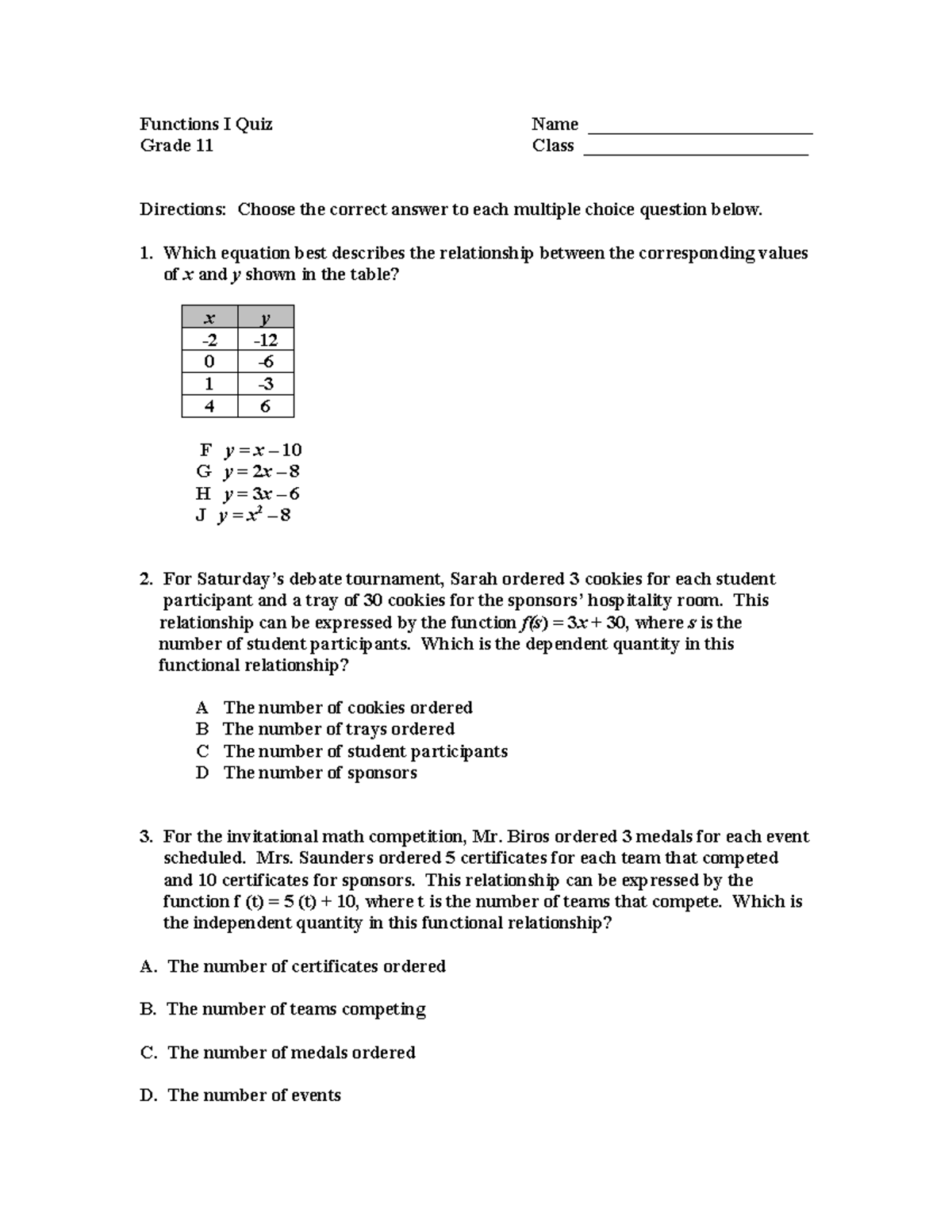 Quiz functions i - quiz function 1 - Functions I Quiz Name ...