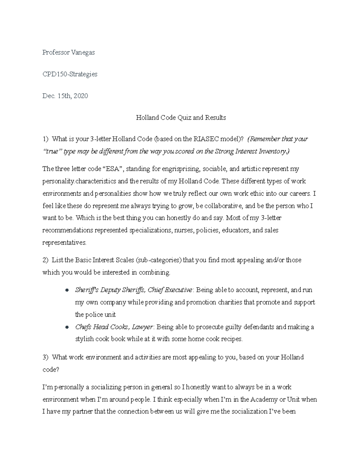 Interest Inventory Summary - Professor Vanegas CPD150-Strategies Dec ...