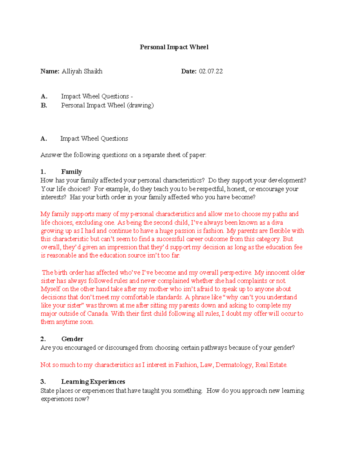 Impact Wheel Assignment - Personal Impact Wheel Name: Alliyah Shaikh ...