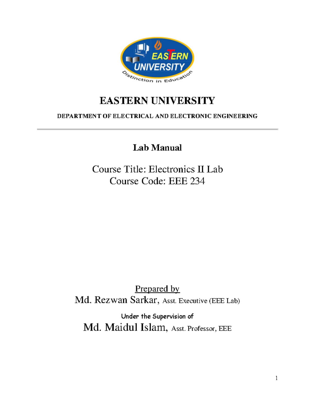 EEE 234 Electronics II Lab Manual - EASTERN UNIVERSITY DEPARTMENT OF ELECTRICAL AND ELECTRONIC ...
