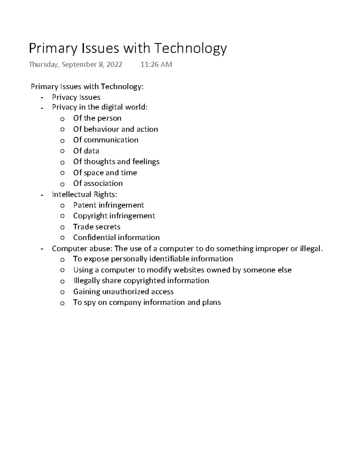 Unit 1 Notes - Primary Issues with Technology: Privacy Issues Privacy ...