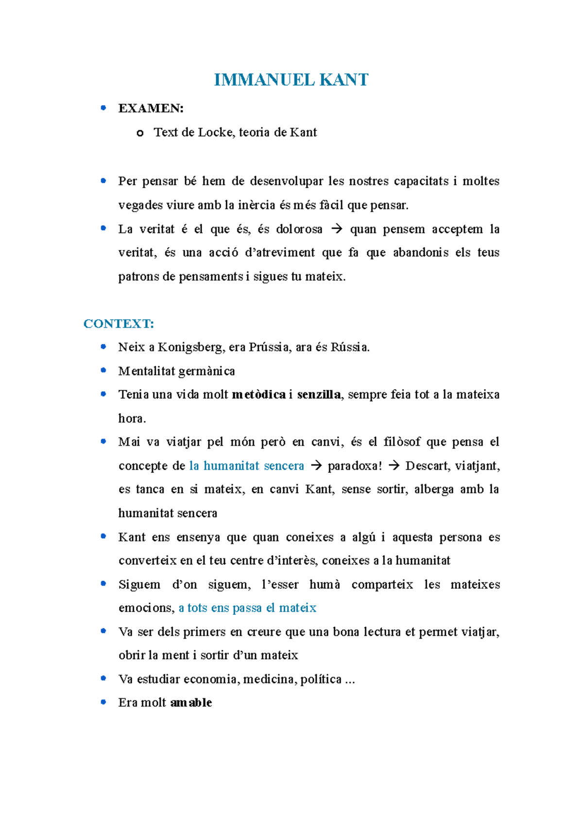 Immanuel KANT - apunts Kant filo batx - IMMANUEL KANT EXAMEN: o Text de Locke, teoria de Kant ...