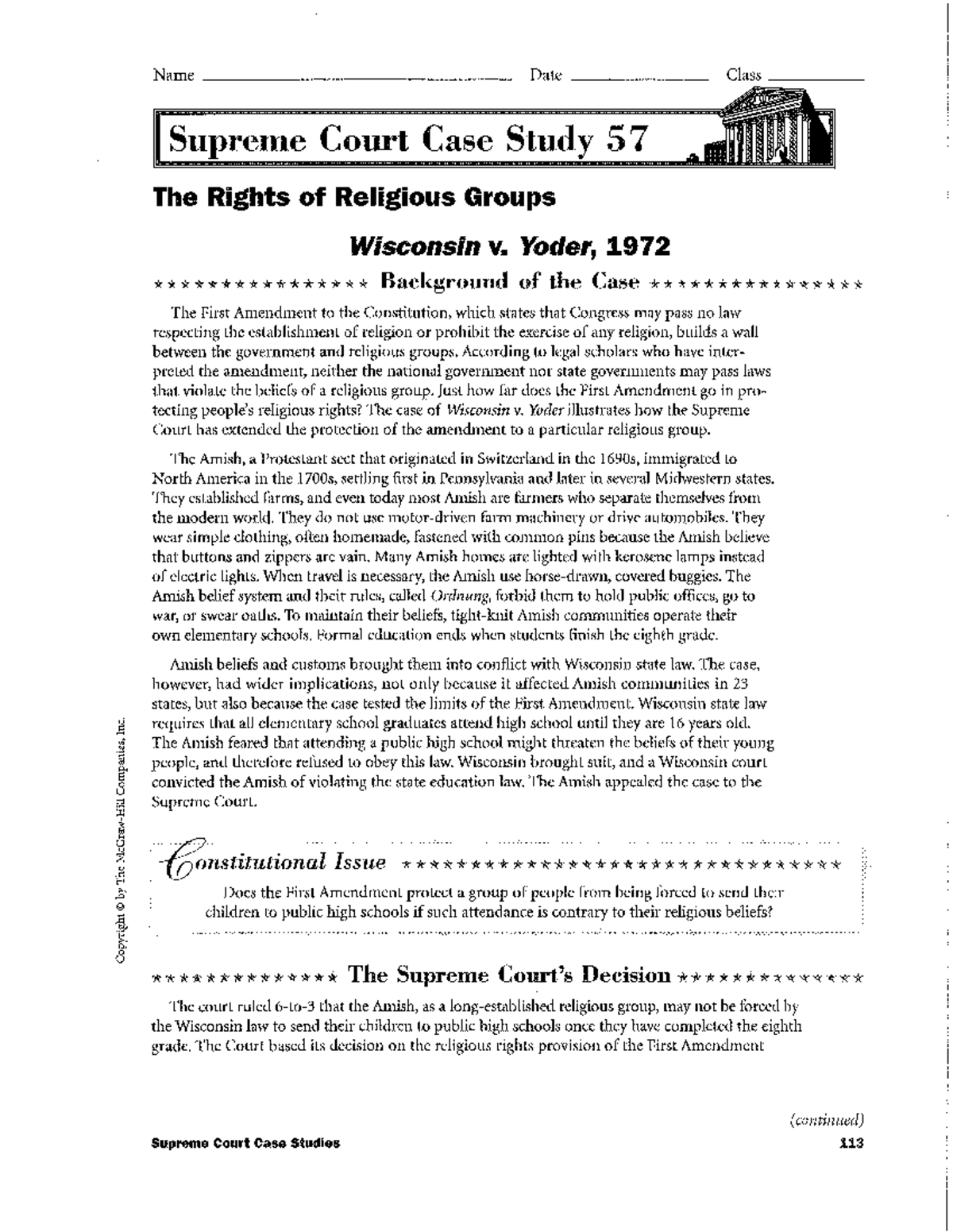 SCC Wisconsin v Yoder Worksheet - Name Date Class Supreme Court Case ...