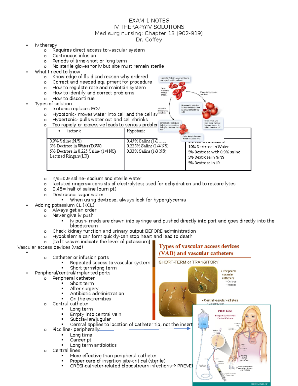 EXAM 1 IV therapy:IV solution - IV THERAPY/IV SOLUTIONS Med surg ...
