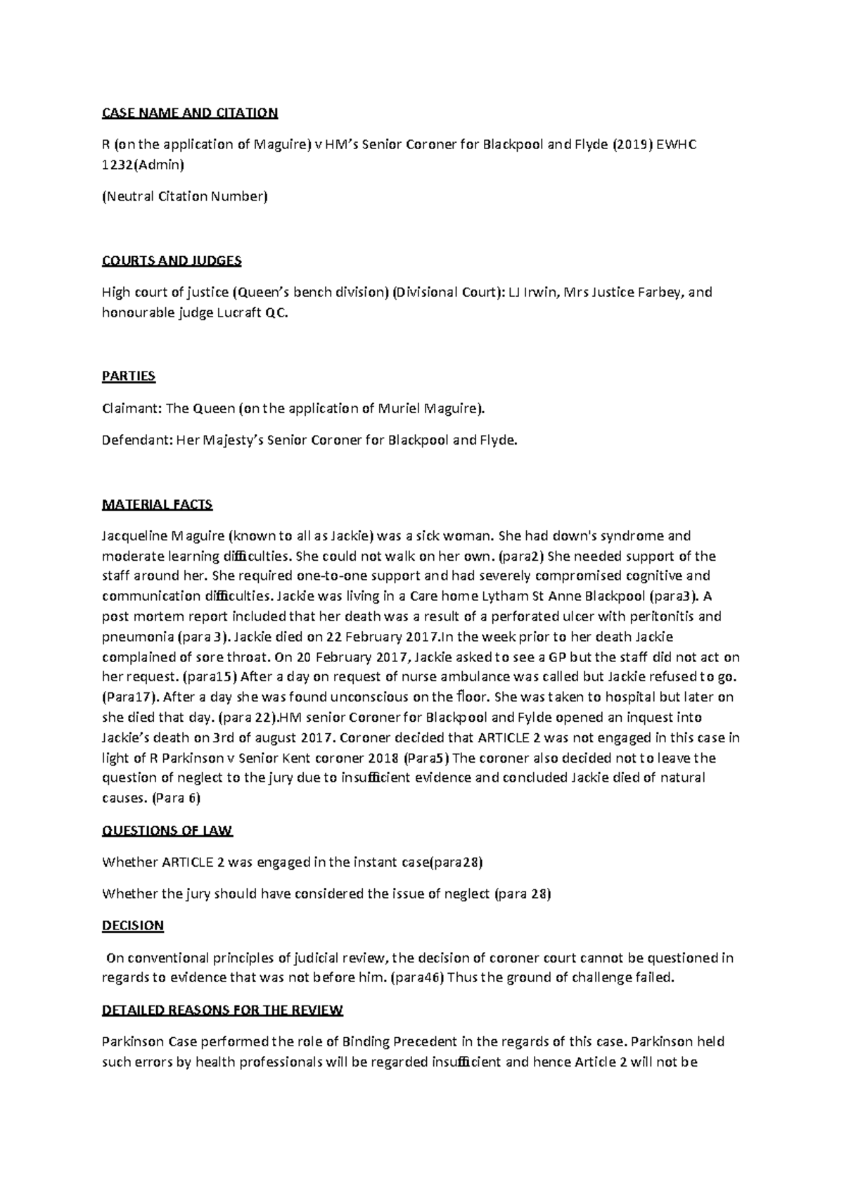 Casenote LSM LLB - This is the case note for the following year of 2019 ...