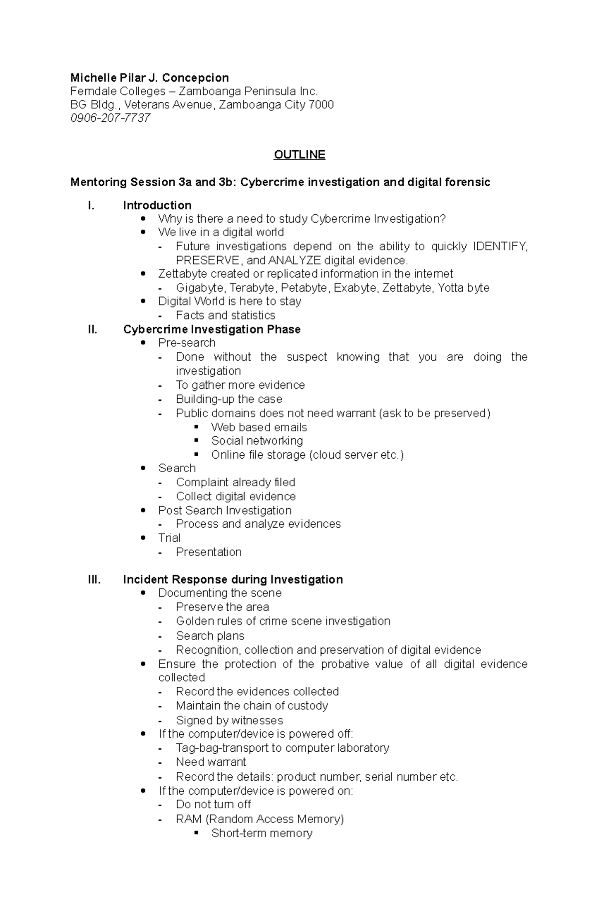 Outline Cybercrime Investigation and Digital Forensic (Michelle Pilar ...