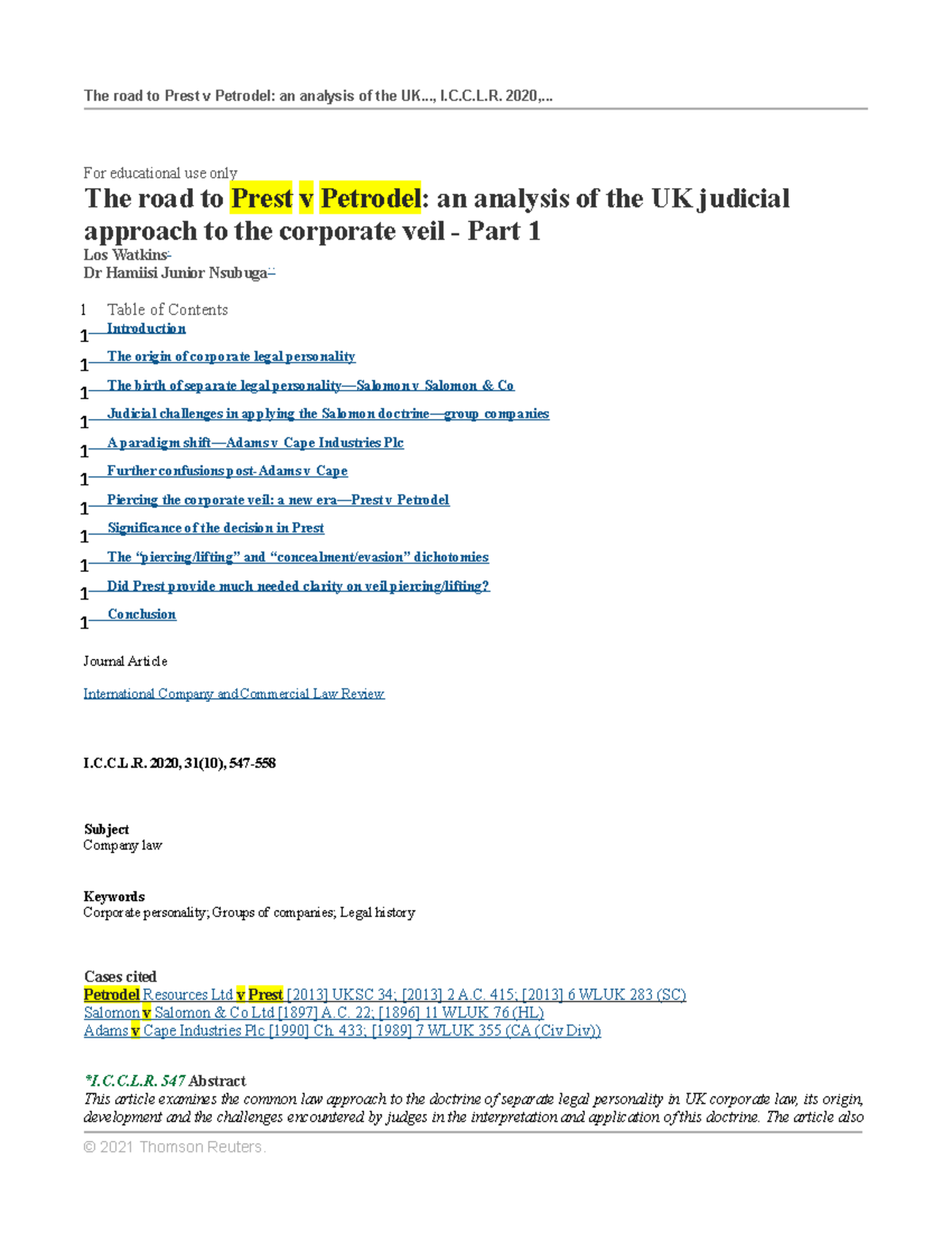 Journal 1 - Grade: 67 - For educational use only The road to Prest v ...