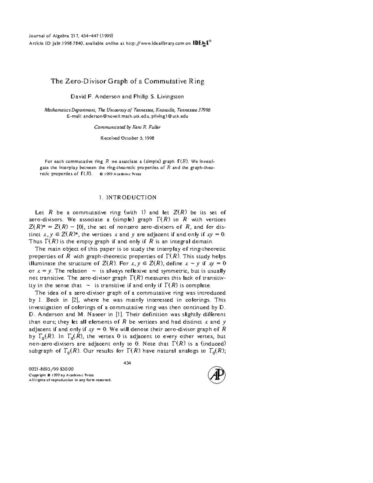 Zero Divisor Graphs For Commutative Rings Journal Of Algebra 217 434 ] 447 Ž 1999 Article Id