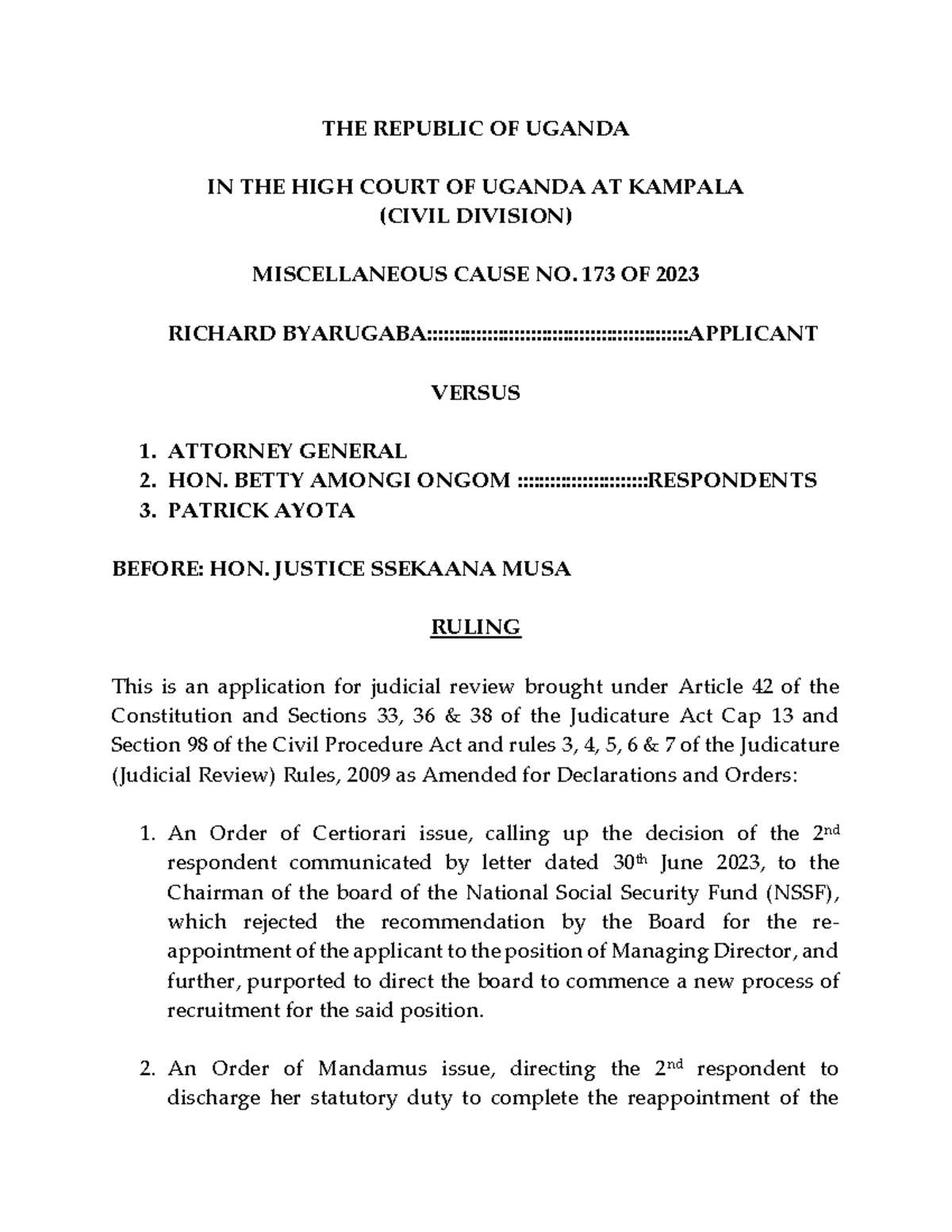 Ruling Richard Byarugaba v AG, Hon.Betty Amongi & Patrick Ayota - THE ...