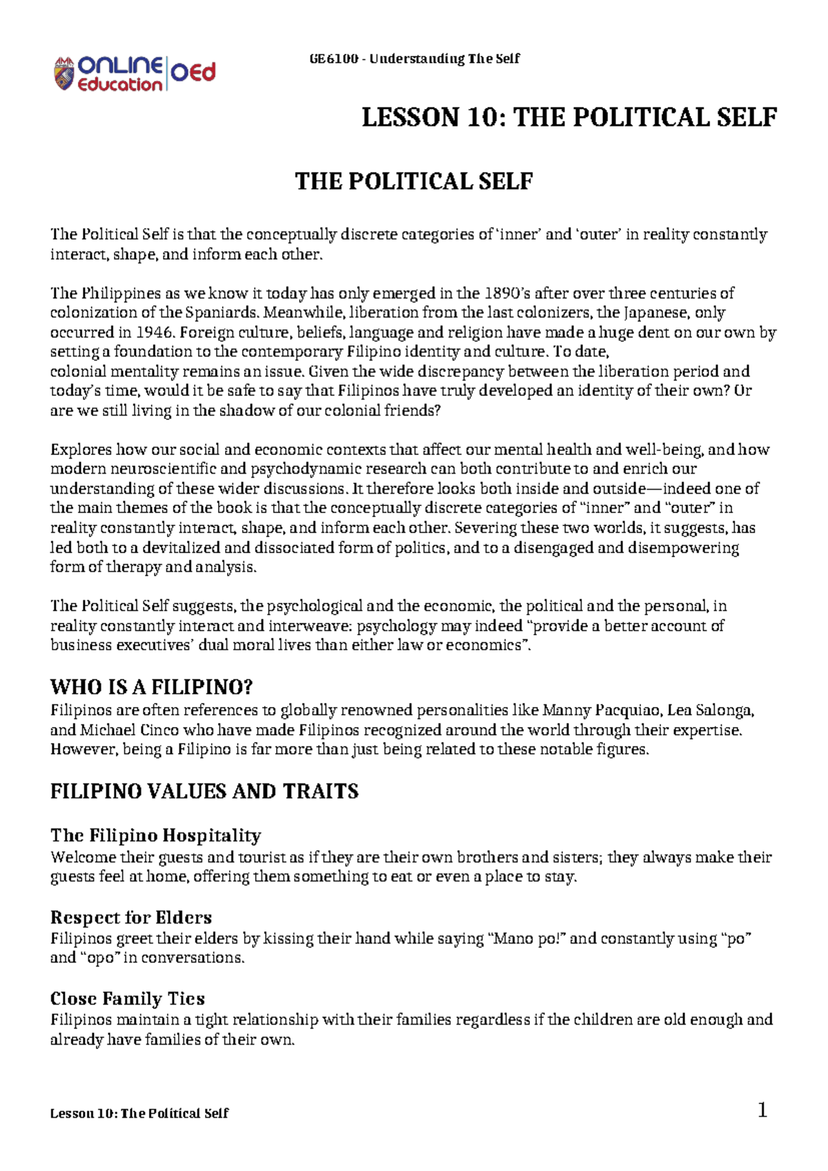 Lesson 10 - The Political Self - 1 GE6100 - Understanding The Self ...