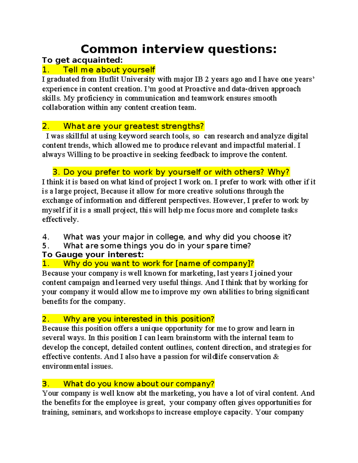 Common interview questions - Tell me about yourself I graduated from ...