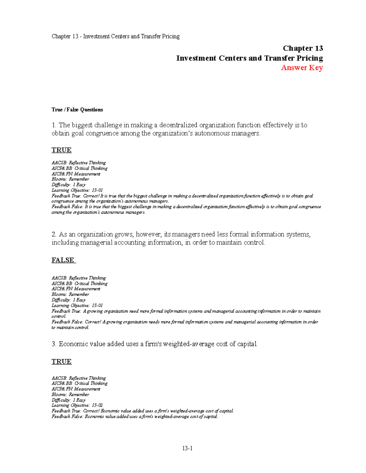 Hilton Platt 11e TB Ch13 - Chapter 13 Investment Centers and Transfer ...