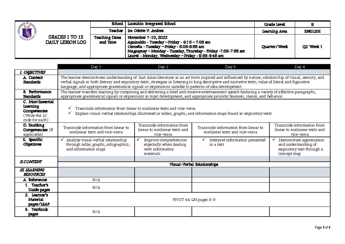 Q2WK1 English 8 IVAandres - GRADES 1 TO 12 DAILY LESSON LOG School ...