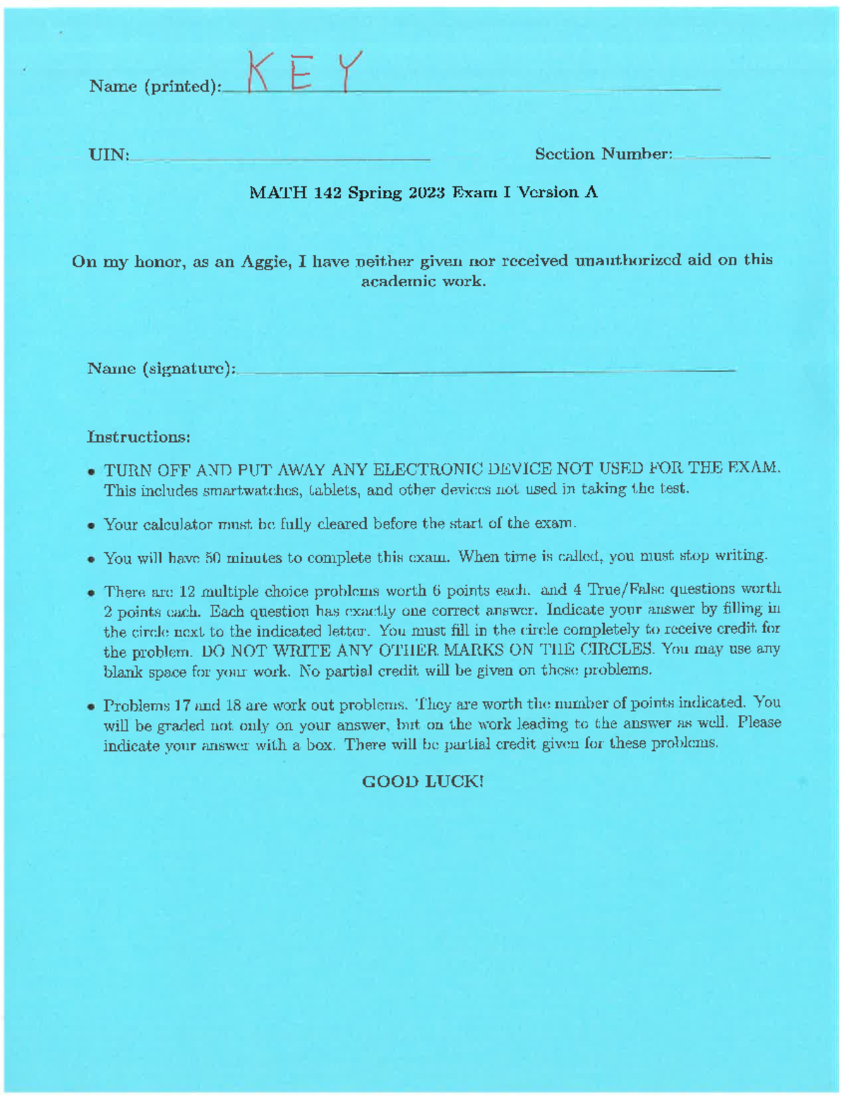 Sp2023 M142 Exam1A Key - Quiz - Studocu