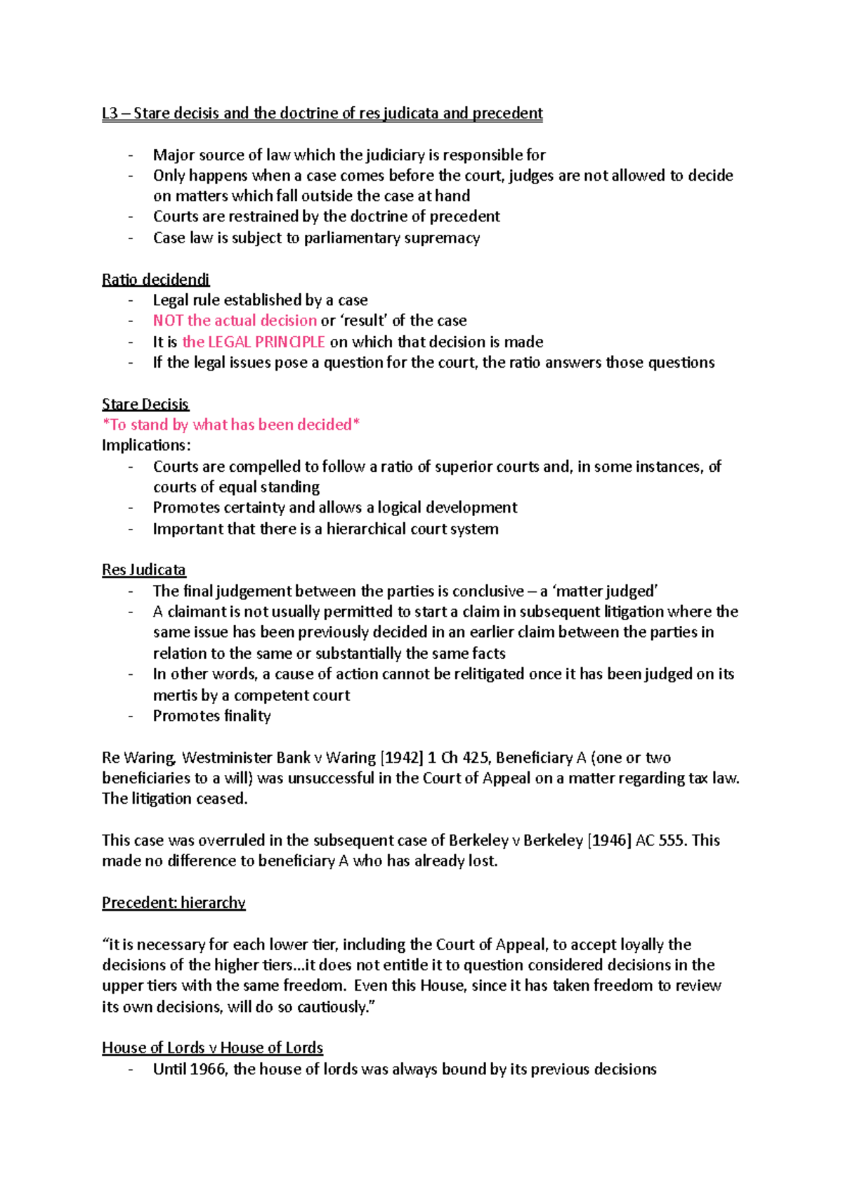 L3 - key principles - l notes - L3 – Stare decisis and the doctrine of ...