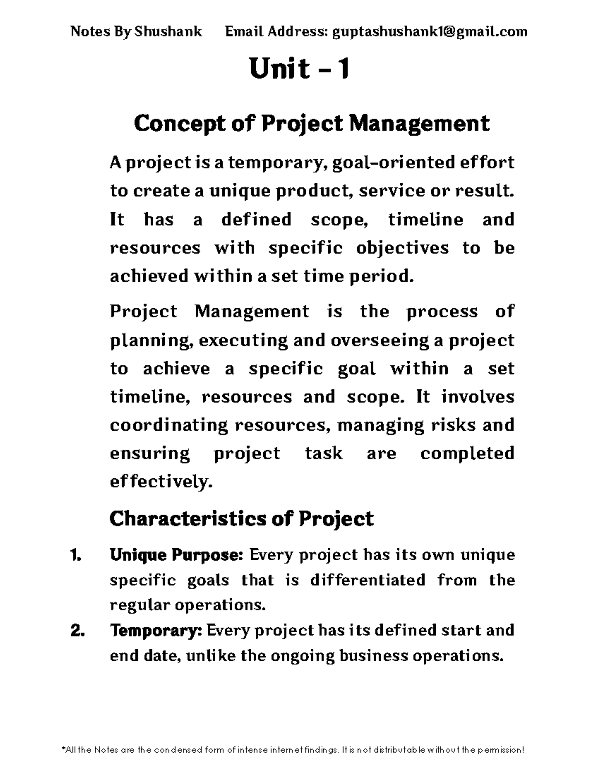 Project Management Unit 1 - Concept of Project Management A project is ...