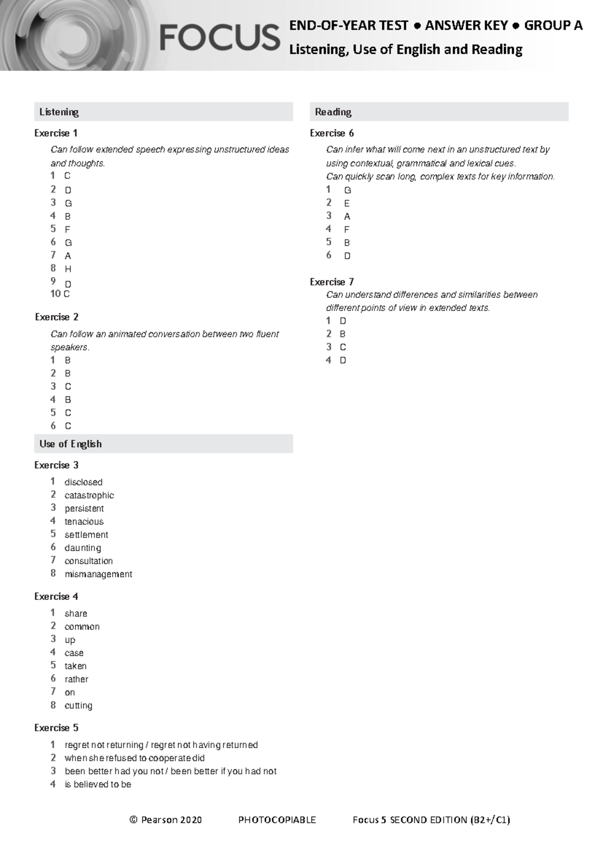 Focus 5 2E End of Year Test Listening Uo E Reading Group A B Answers ...