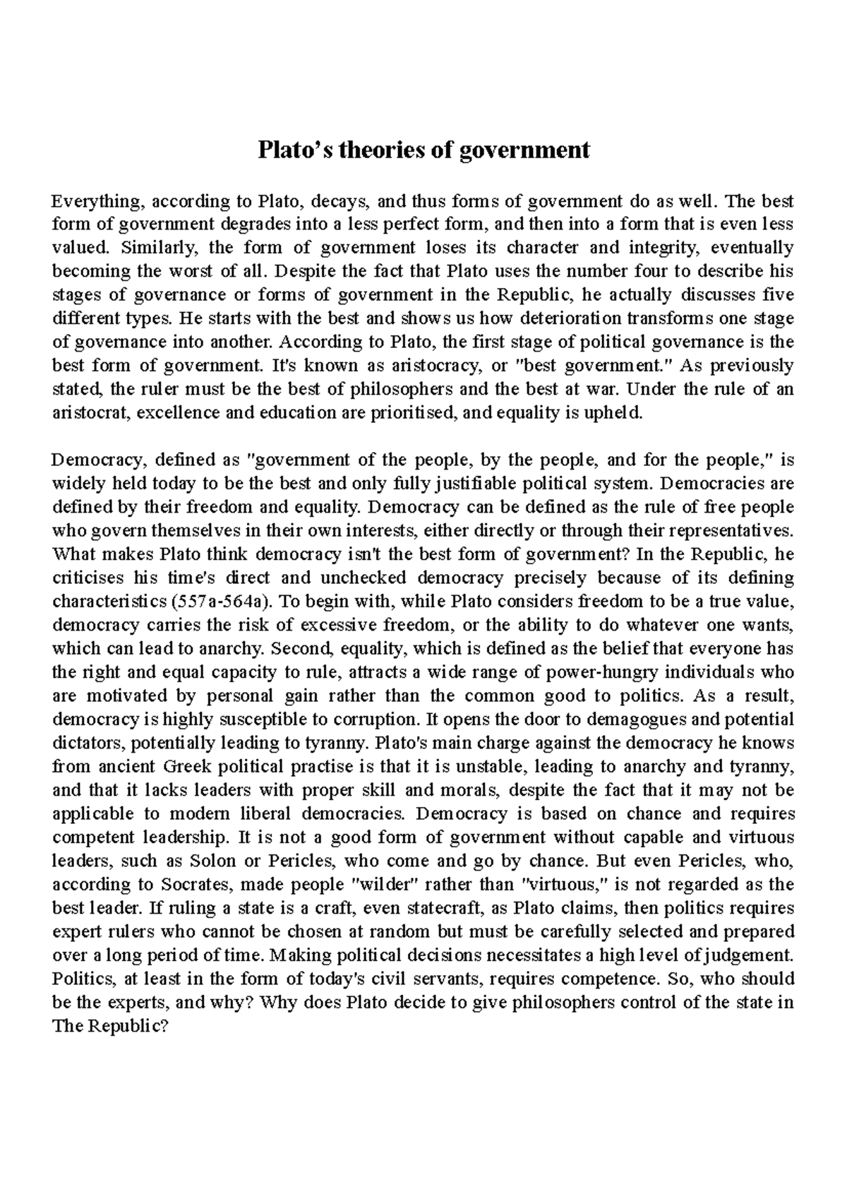 Plato’s theories of government - Plato’s theories of government ...