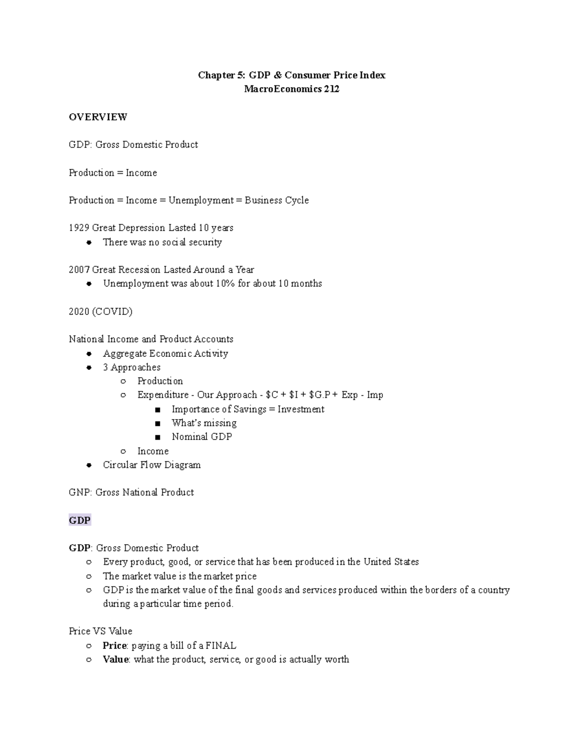 ECO 212 Chapter 5 - Professor Maria Jesus Lorca - Chapter 5: GDP & Consumer Price Index - Studocu