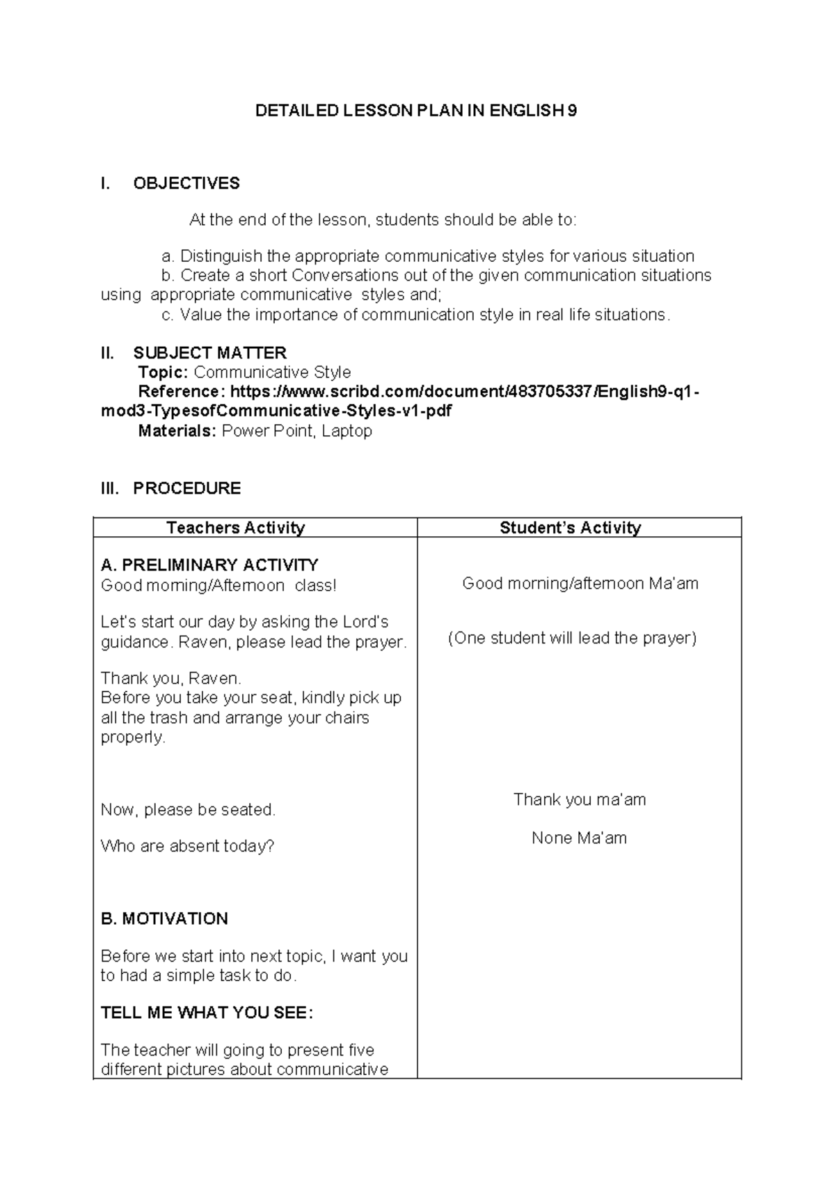 Lesson-plan-english-9-1 - DETAILED LESSON PLAN IN ENGLISH 9 I ...