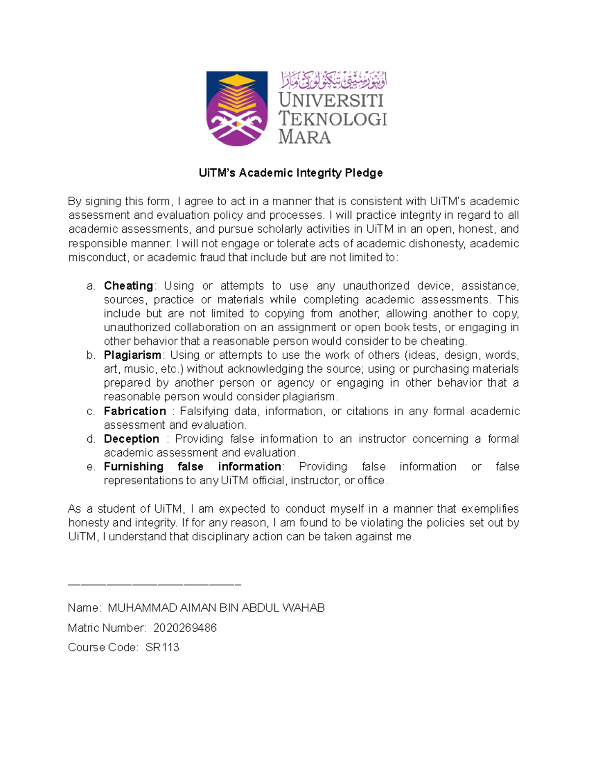 Muhammad Aiman BIN Abdul Wahab (2020269486) - UiTM’s Academic Integrity ...
