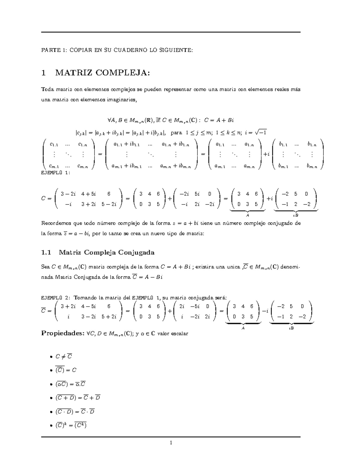Tarea matriz 1 - PARTE 1: COPIAR EN SU CUADERNO LO SIGUIENTE: 1 MATRIZ ...